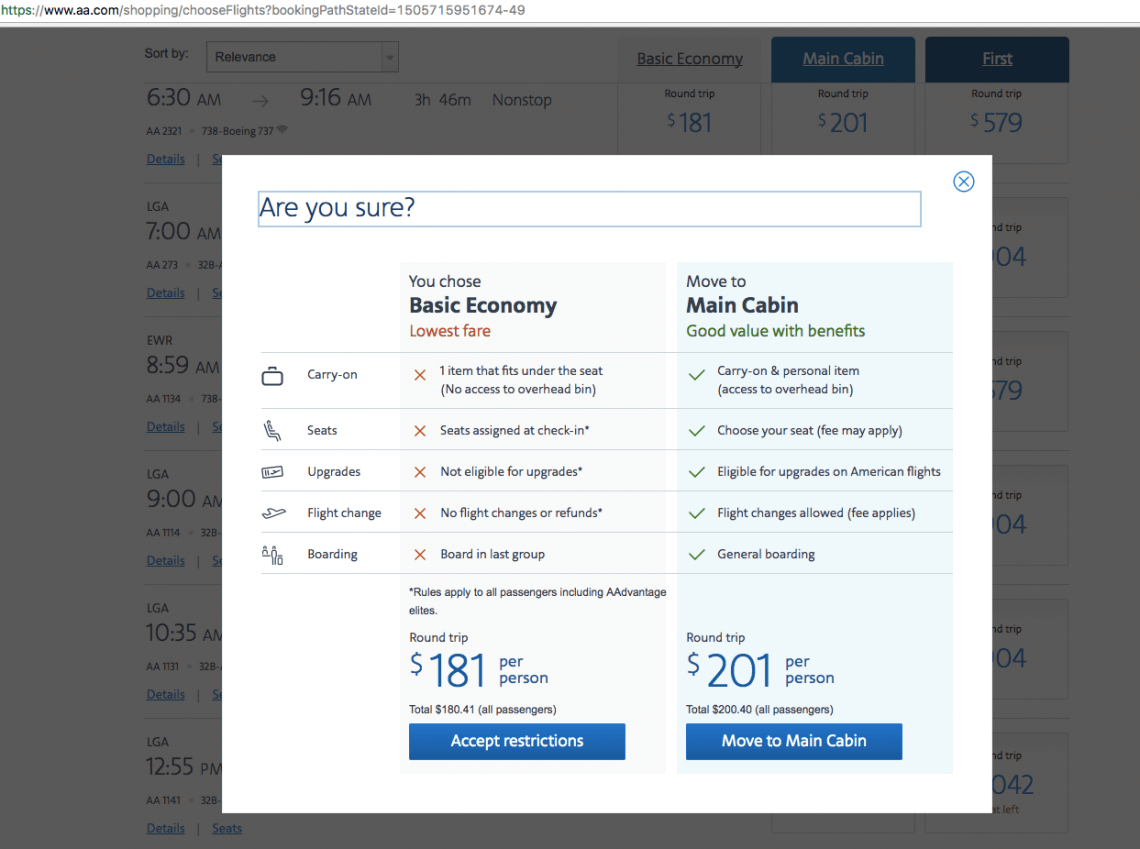American Airlines branded fares upsell at purchase example ...